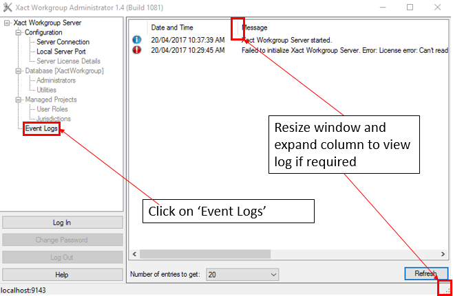 How do I view the event log in XACT Workgroup Server?