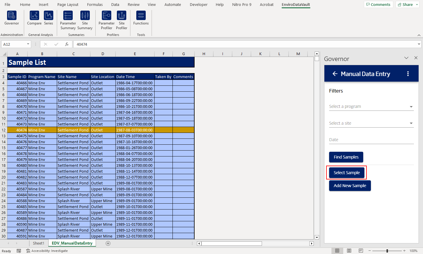 How do I view and edit my sample data in EnviroDataVault?