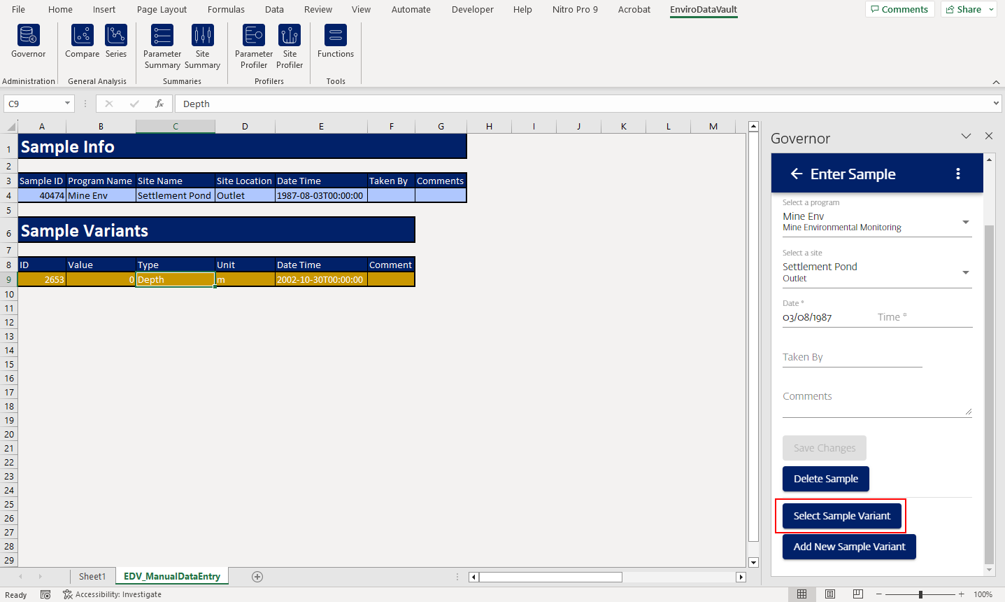 How do I view and edit my sample data in EnviroDataVault?