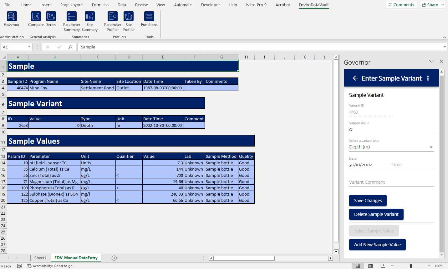 How do I view and edit my sample data in EnviroDataVault?