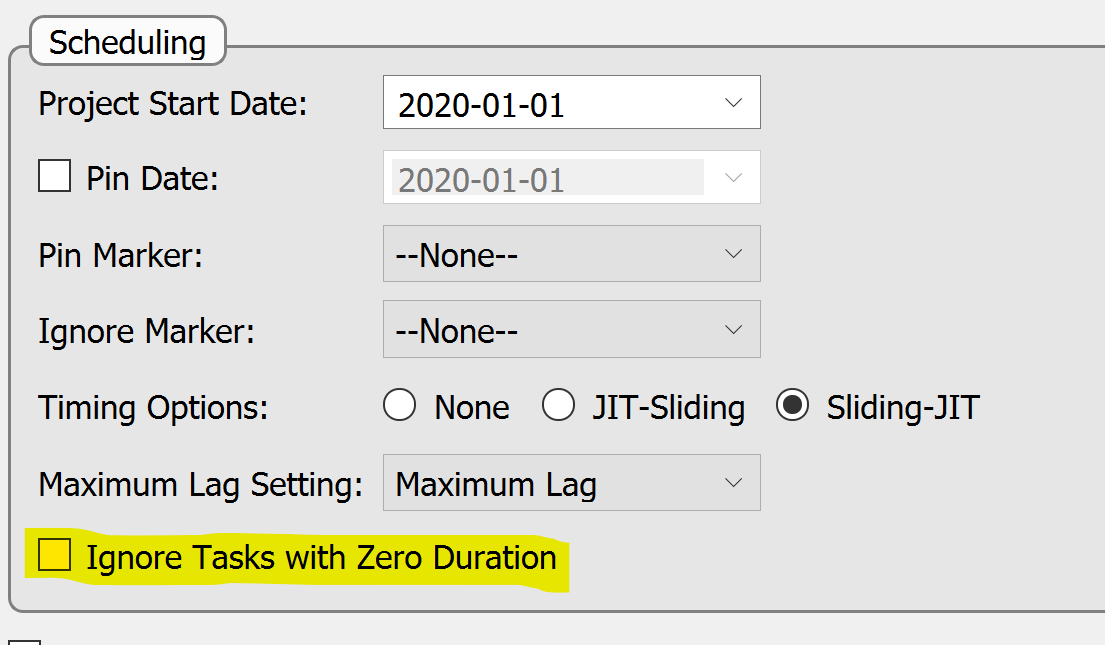 How does SOT treat tasks that have zero duration on import?