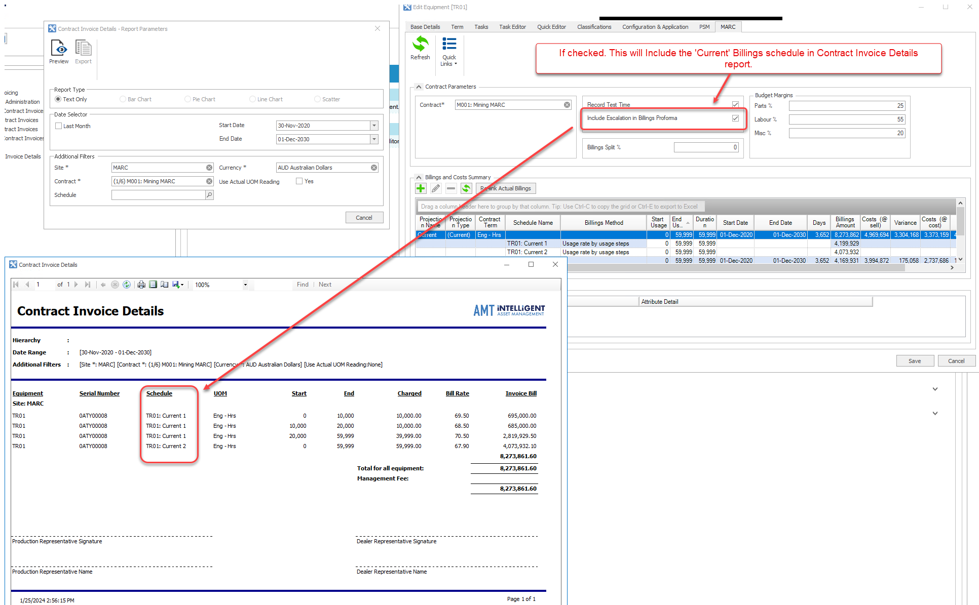 Why do I have multiple default billing schedules in my AMT projections?